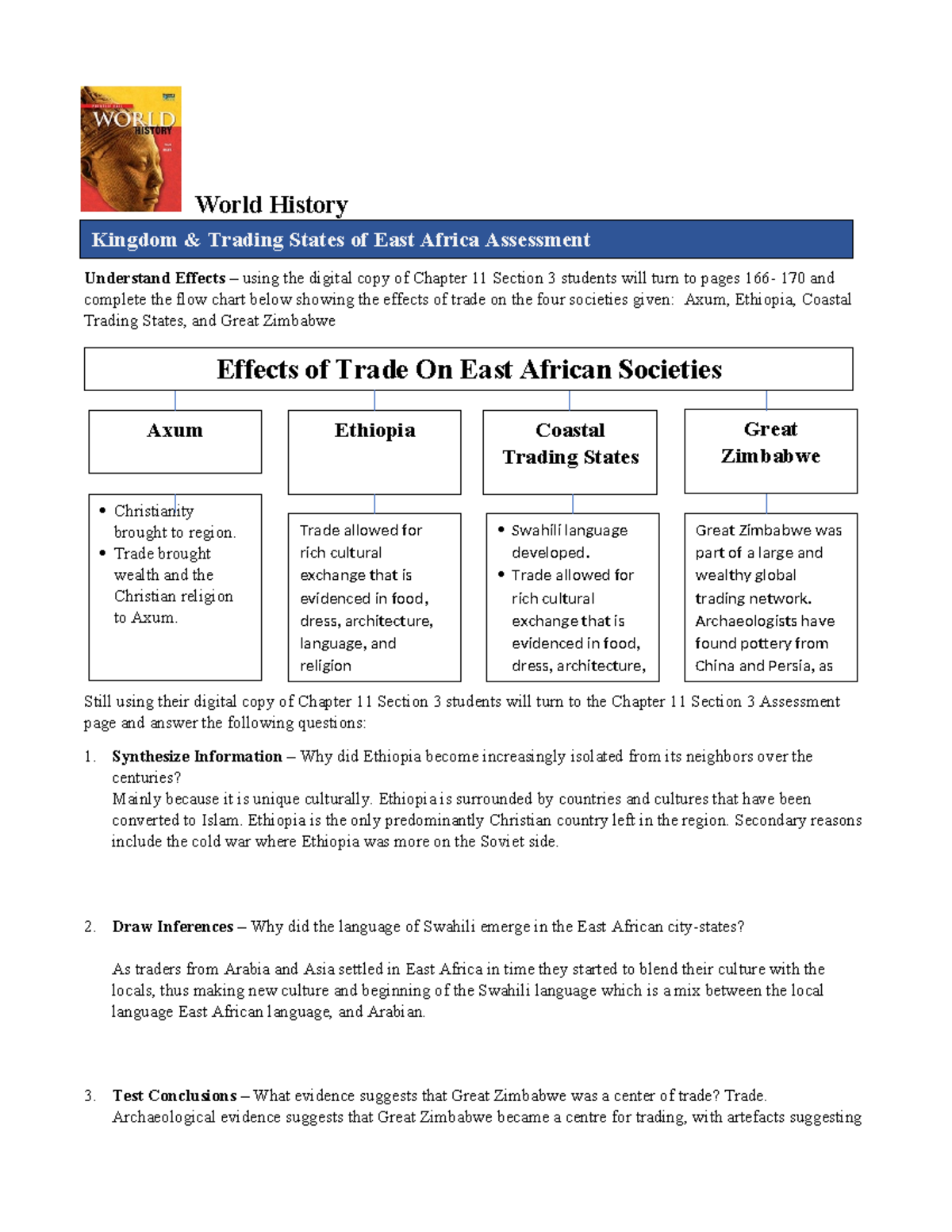 Kingdoms and Trading States of East Africa Assessment - World History ...
