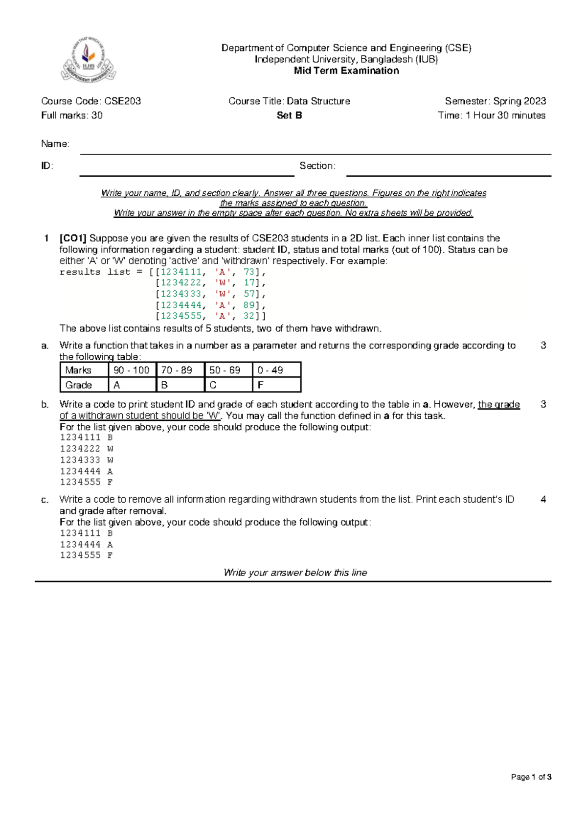 CSE203 Midterm 2023 Set B - Data Structure Question Paper - Studocu