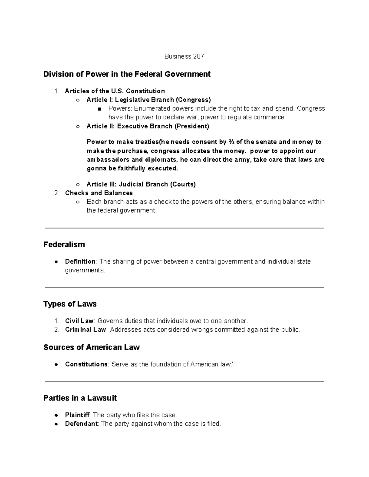 BUS 207 - Summary of First Lectures on Federal Power and Law - Studocu