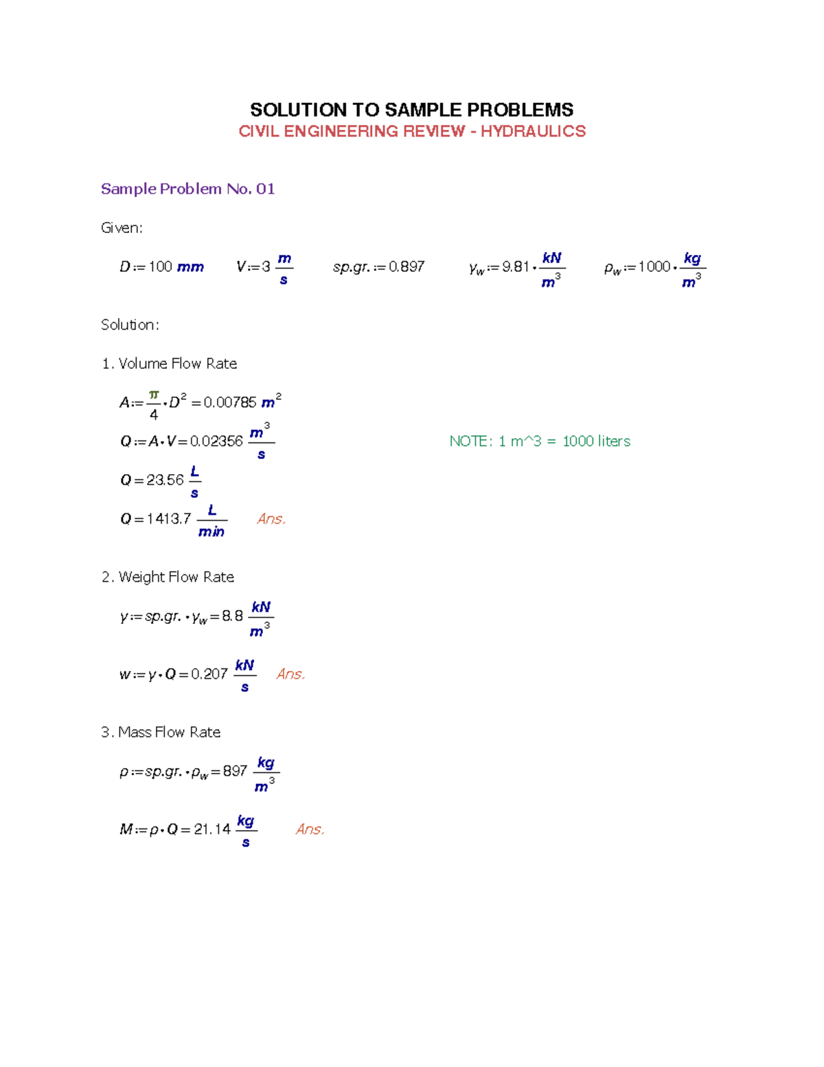 Solution to Hydraulics Sample Problems for Civil Engineering 101 - Studocu