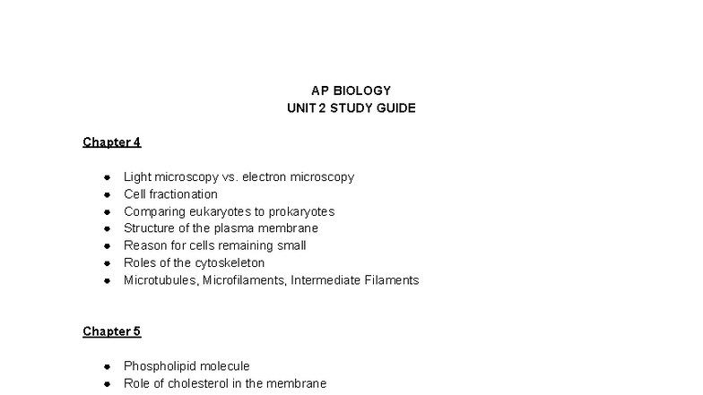 AP Biology Unit 2 Review Guide - Cells, Membranes & Neurons 2024 - Studocu