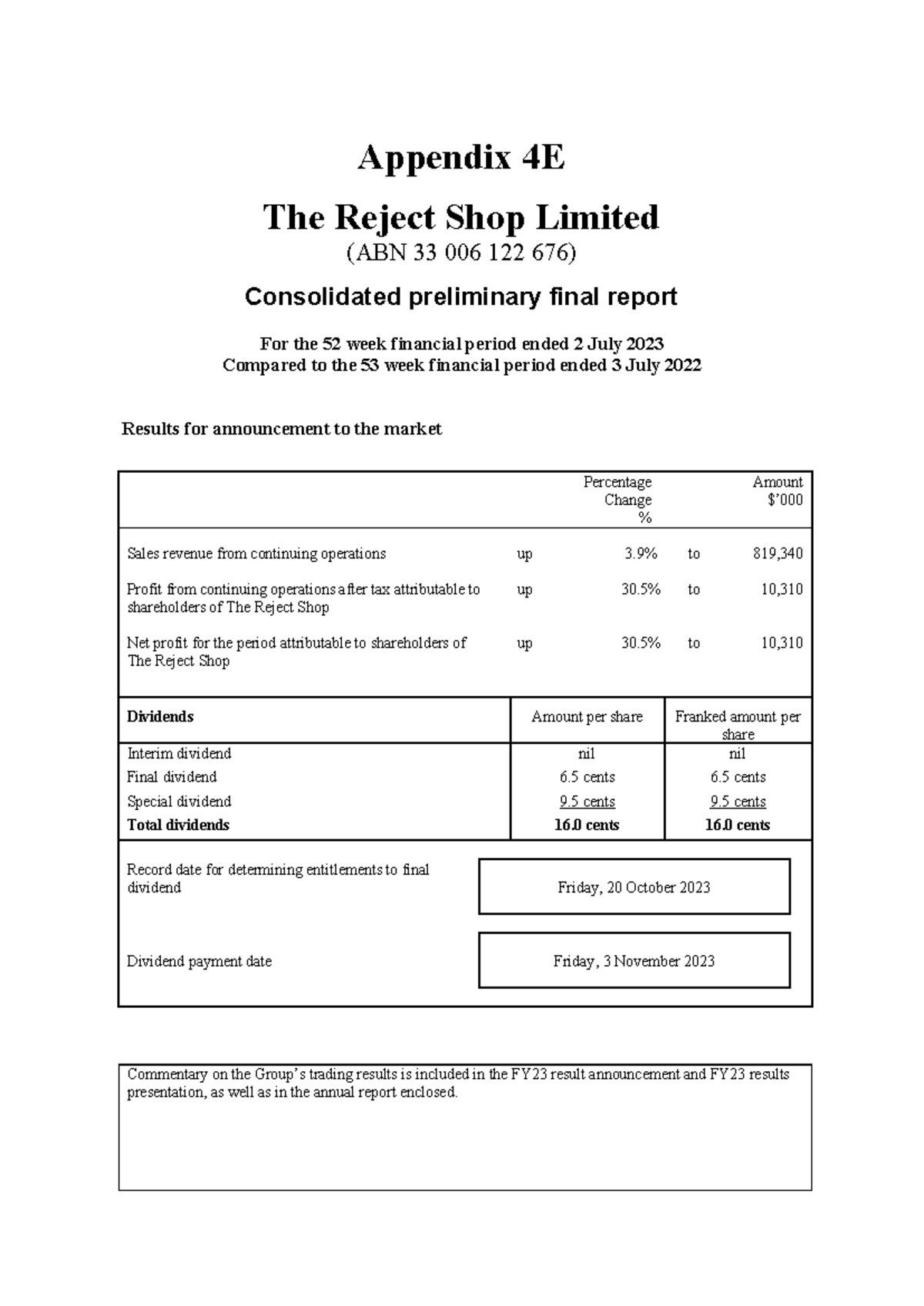 The Reject Shop-2023-Annual-Report - Appendix 4E The Reject Shop ...
