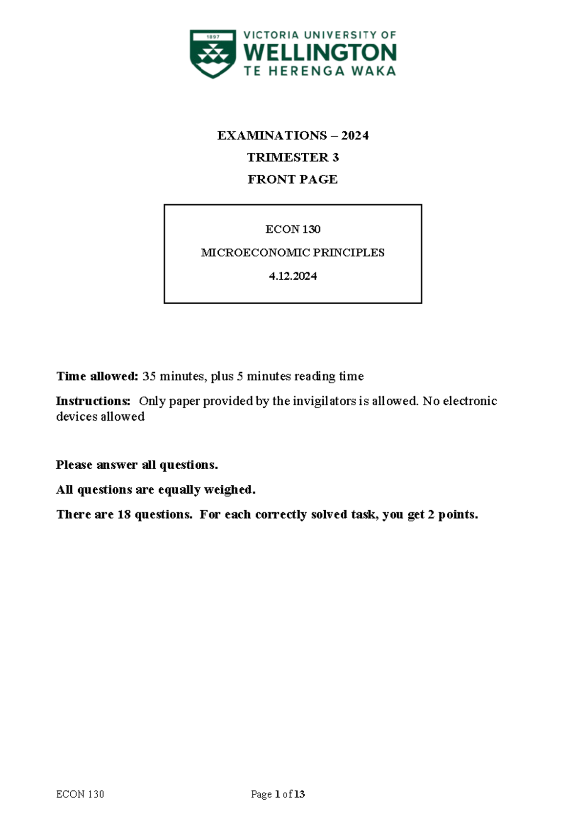 Econ130 test1 tri3 - with answers - EXAMINATIONS – 2024 TRIMESTER 3 ...