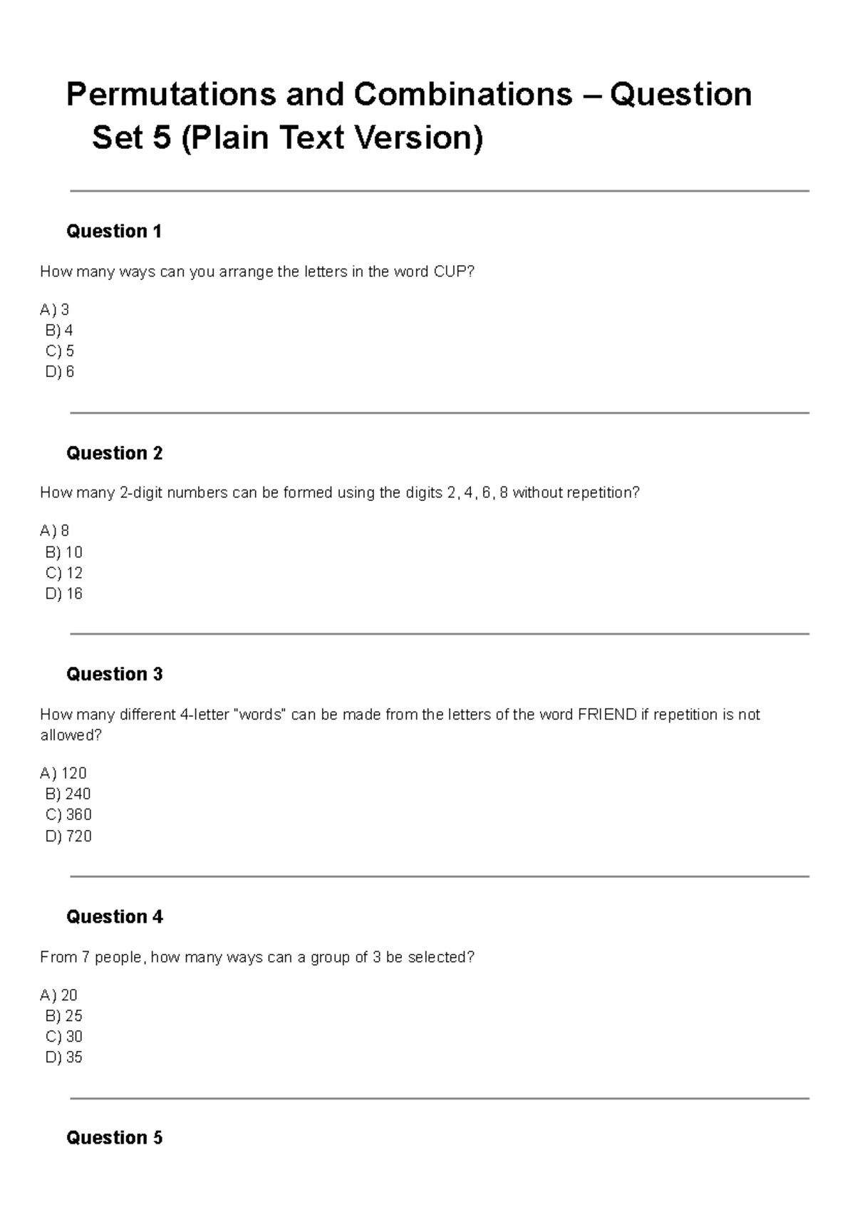 Permutations and Combinations: Question Set 5 (Plain Text) - Studocu
