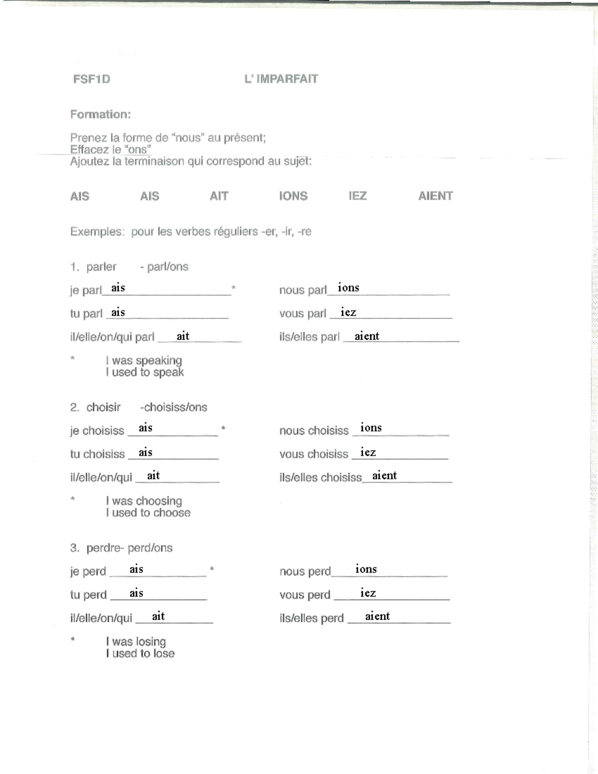Notes FSF1D: L'Imparfait - Conjugaison et Exercices - Studocu