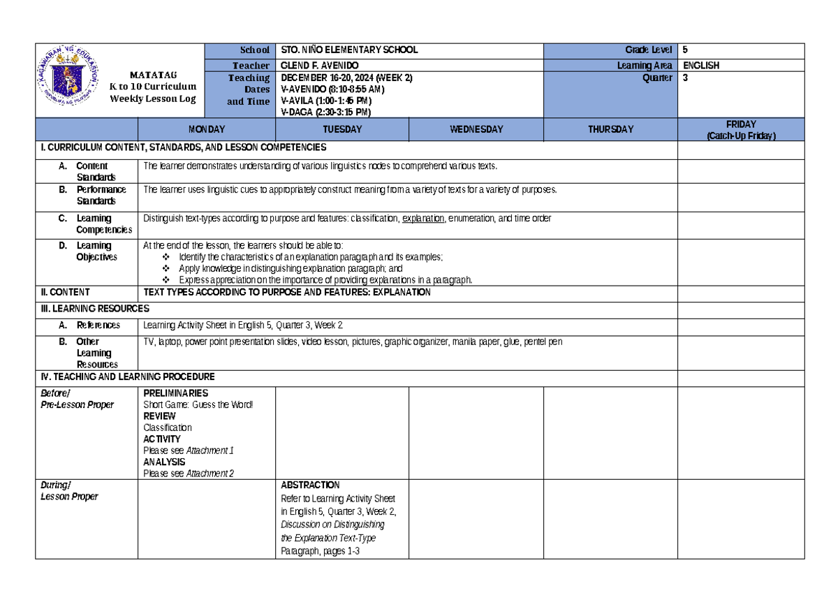 Q3-Week 2 English Lesson Plan - STO. NIÑO ELEM. School - Studocu