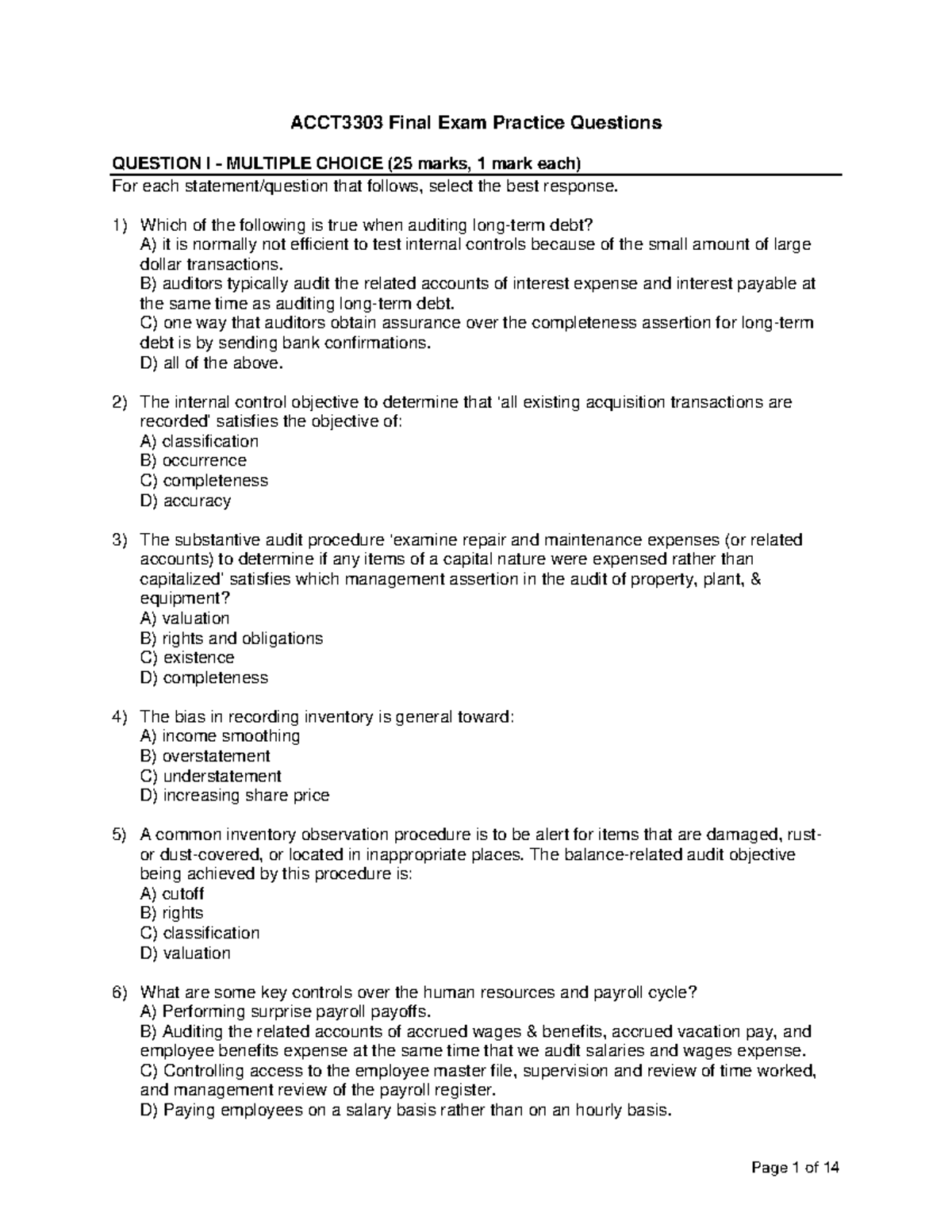 ACCT3303 - Final Exam Comprehensive Practice Questions Guide - Studocu
