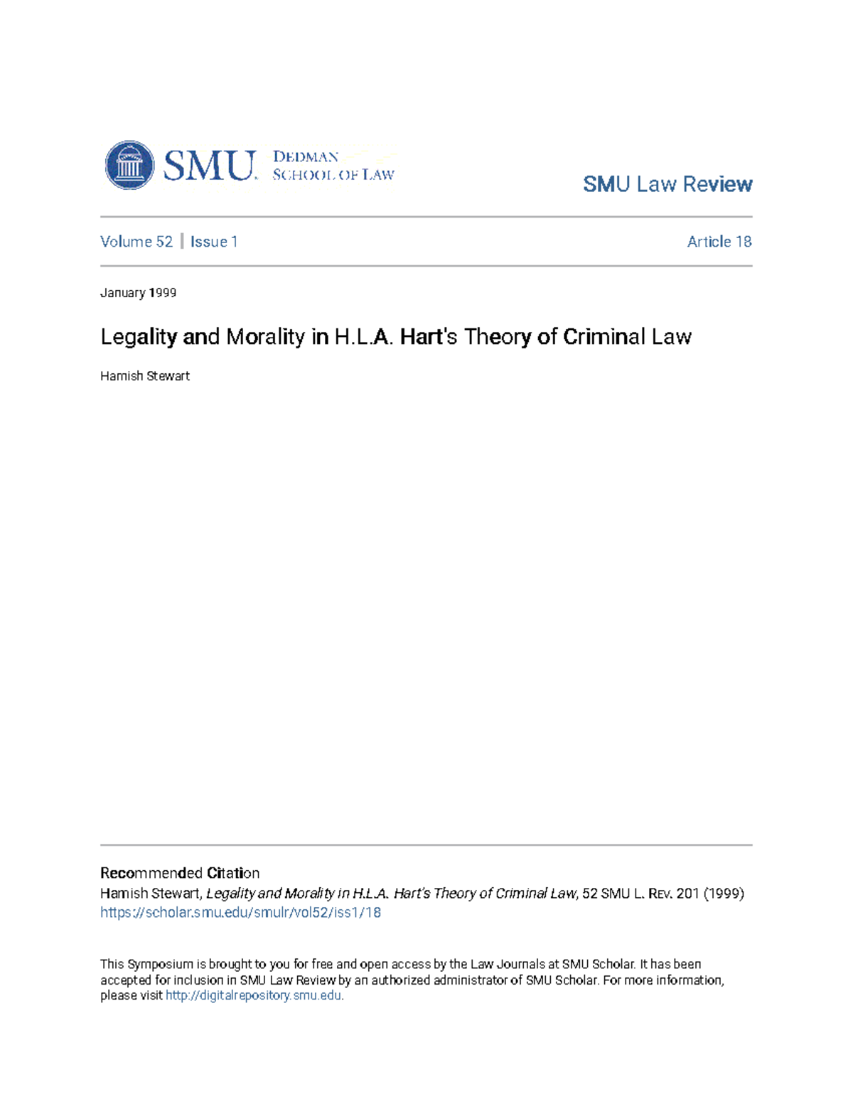 SMU LAW REVIEW 52: Legality and Morality in H.L.A. Hart's Criminal Law ...