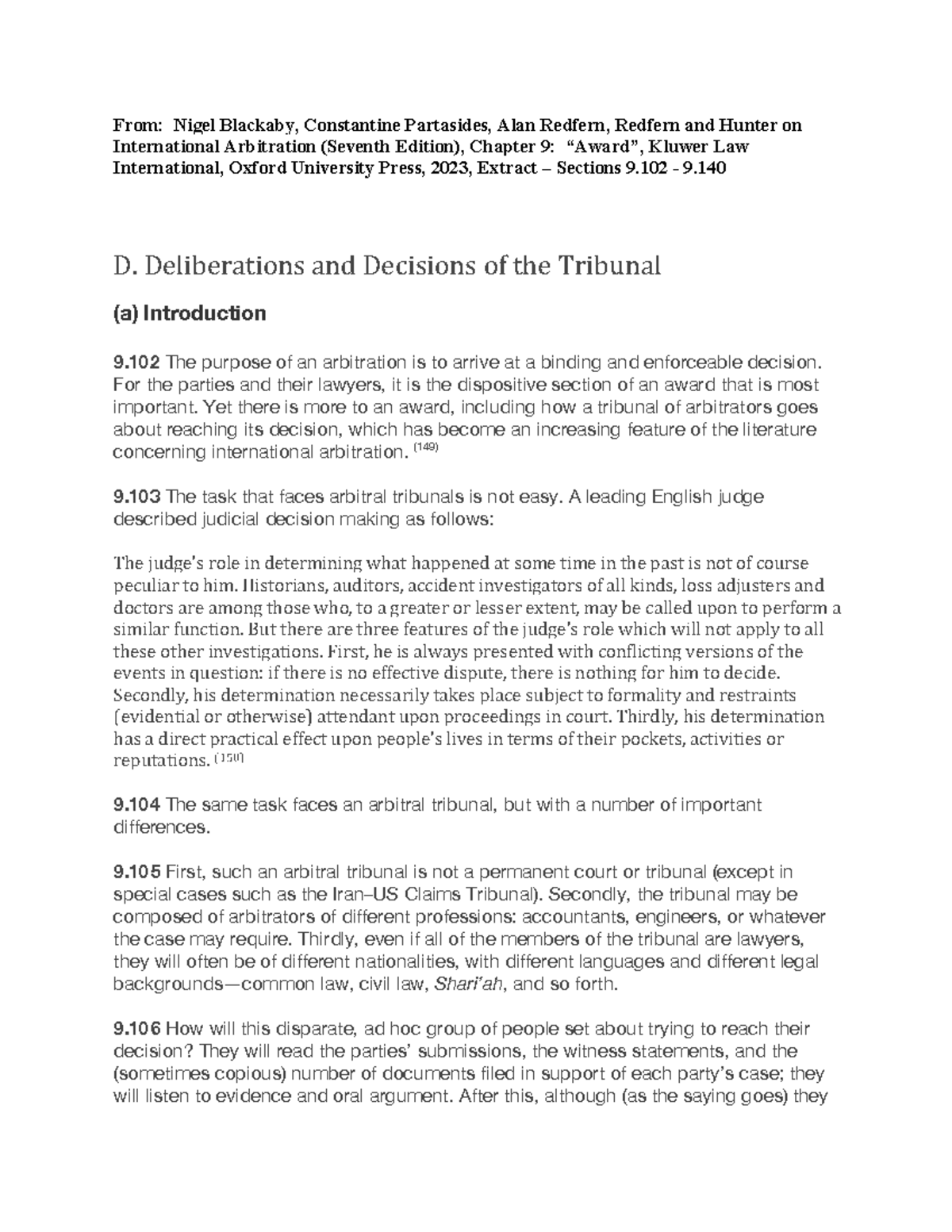 Redfern & Hunter on International Arbitration: Chapter 9 ...