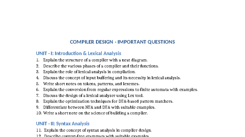 COMPILER DESIGN (CS101) IMPORTANT QUESTIONS UNIT I-IV - Studocu