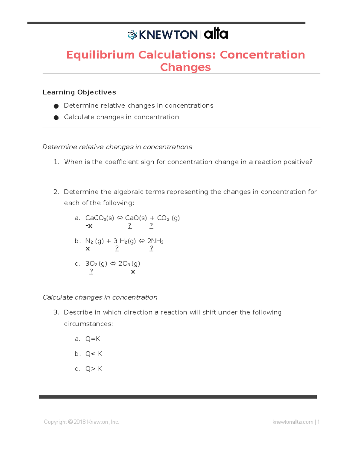 Equilibrium Calculations: Concentration Changes Worksheet - Studocu