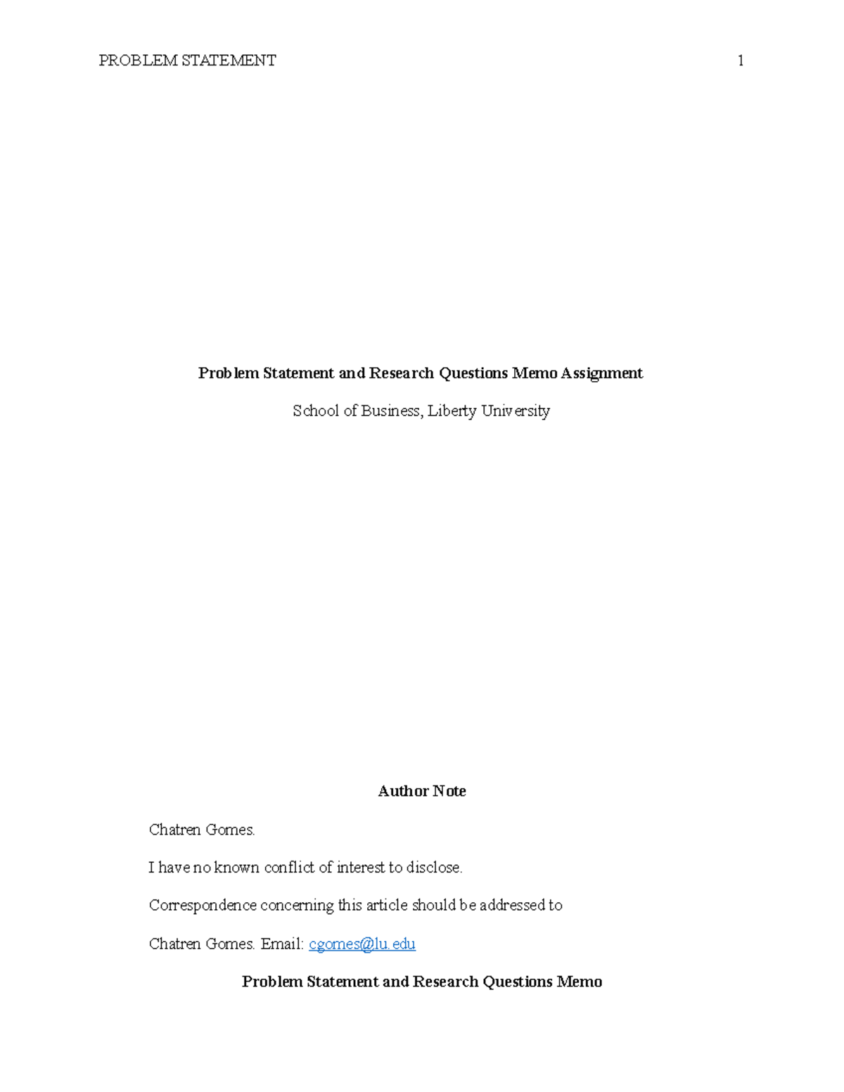 Problem Statement and Research Questions Memo Assignment CG - Studocu