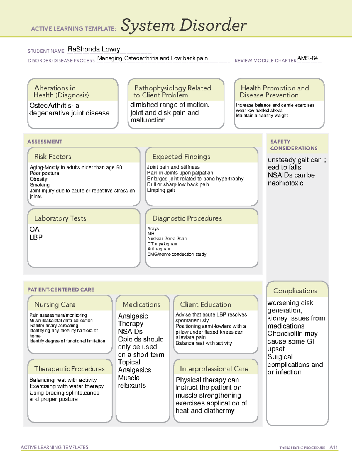 ATI System Disorder Template - LBP and Osteoarthritis Management - Studocu