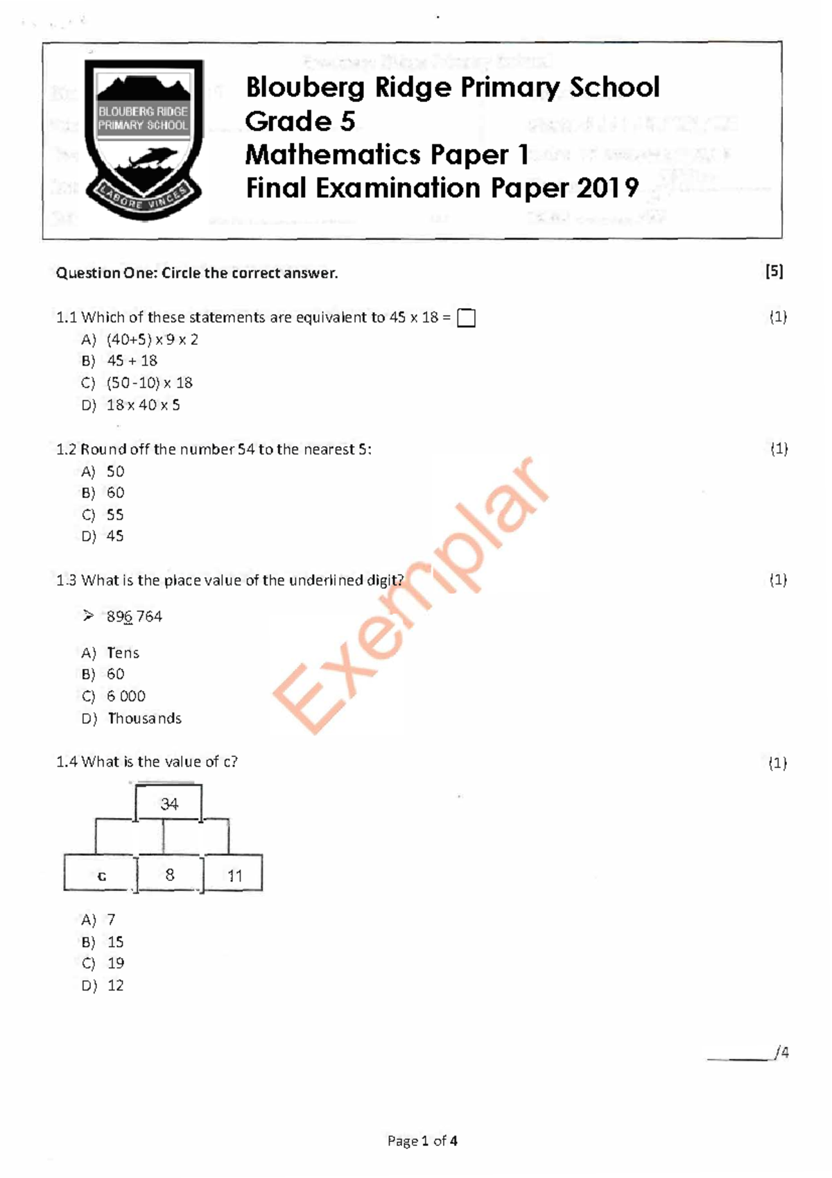Grade 5 Mathematics Paper 1 Final Exam 2019 Questions and Answers - Studocu