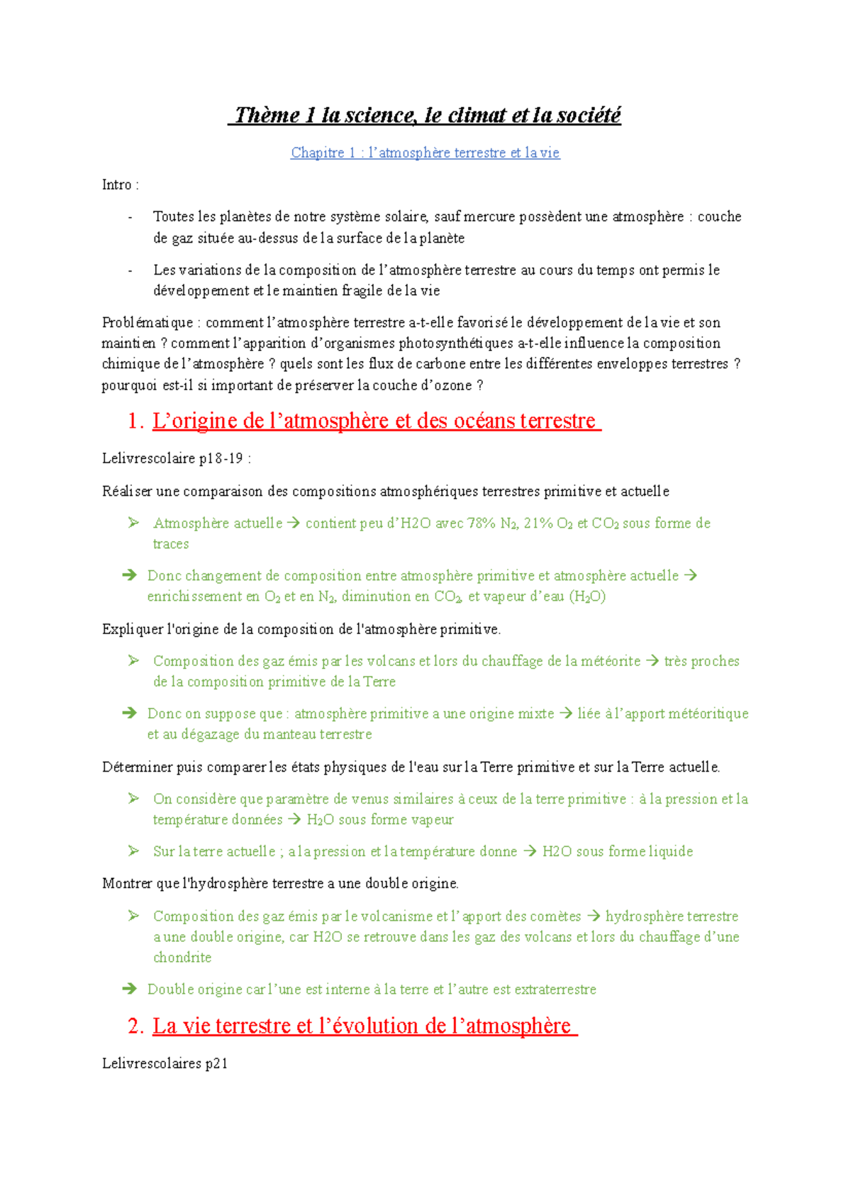 ENS SVT Terminale - Chapitre 1 : Atmosphère, Vie et Climat - Studocu