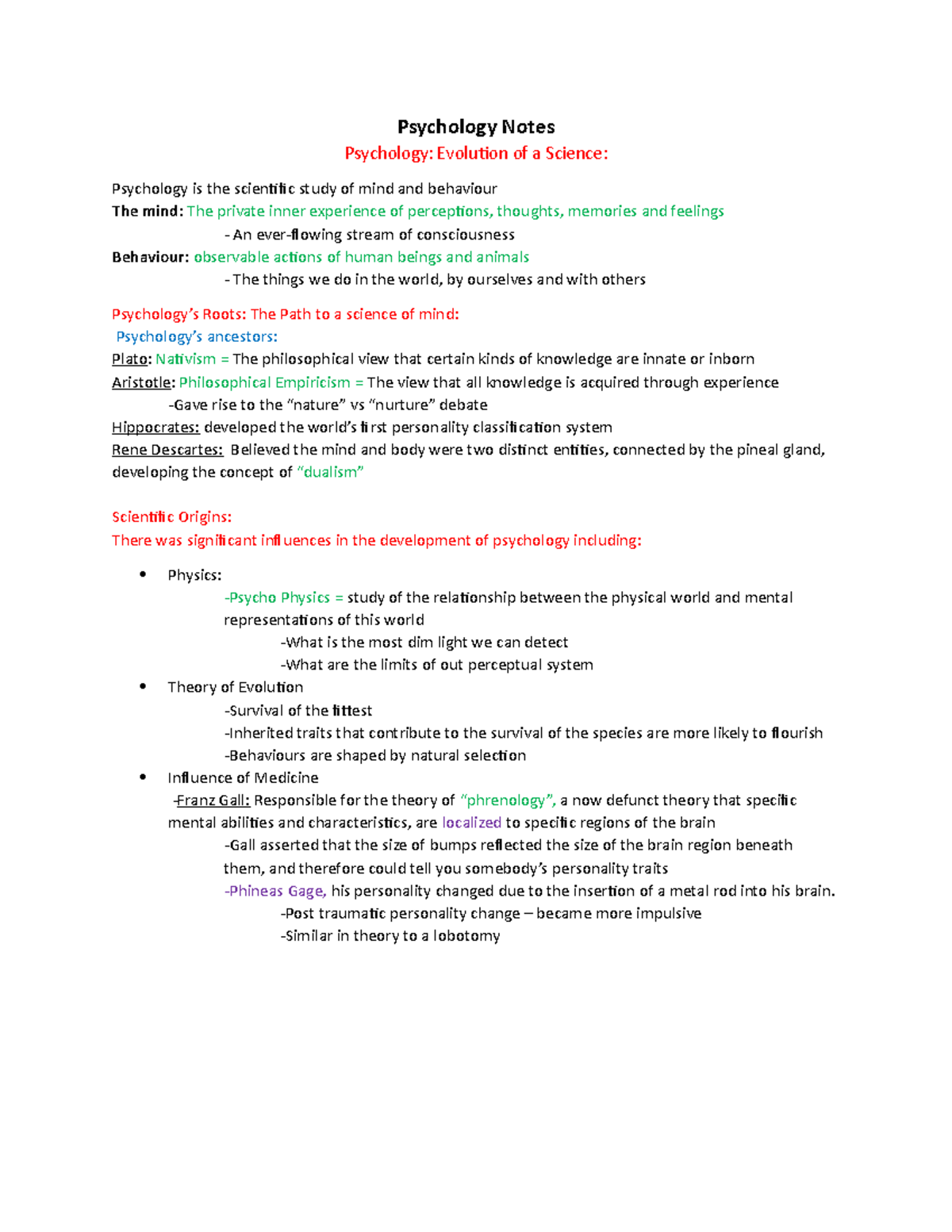 Psychology Notes (Final) - Psychology Notes Psychology: Evolution of a ...
