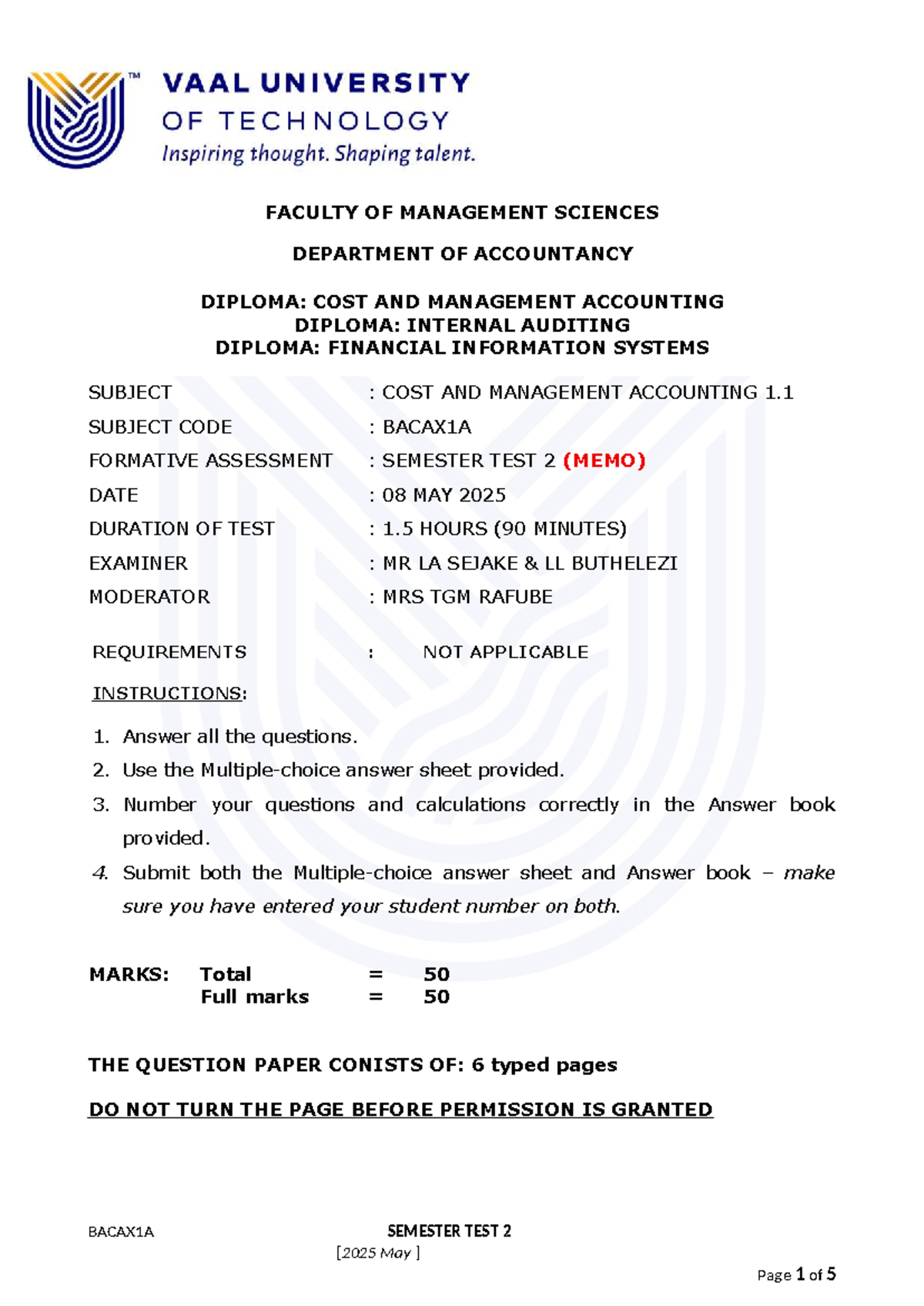 BACAX1A Cost & Management Accounting Semester Test 2 Memo 2025 - Studocu