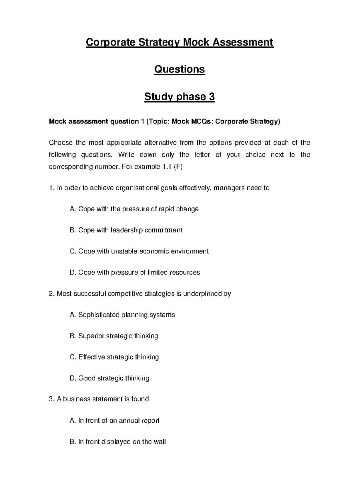 Corporate Strategy Mock Assessment - Study Questions and Answers - Studocu