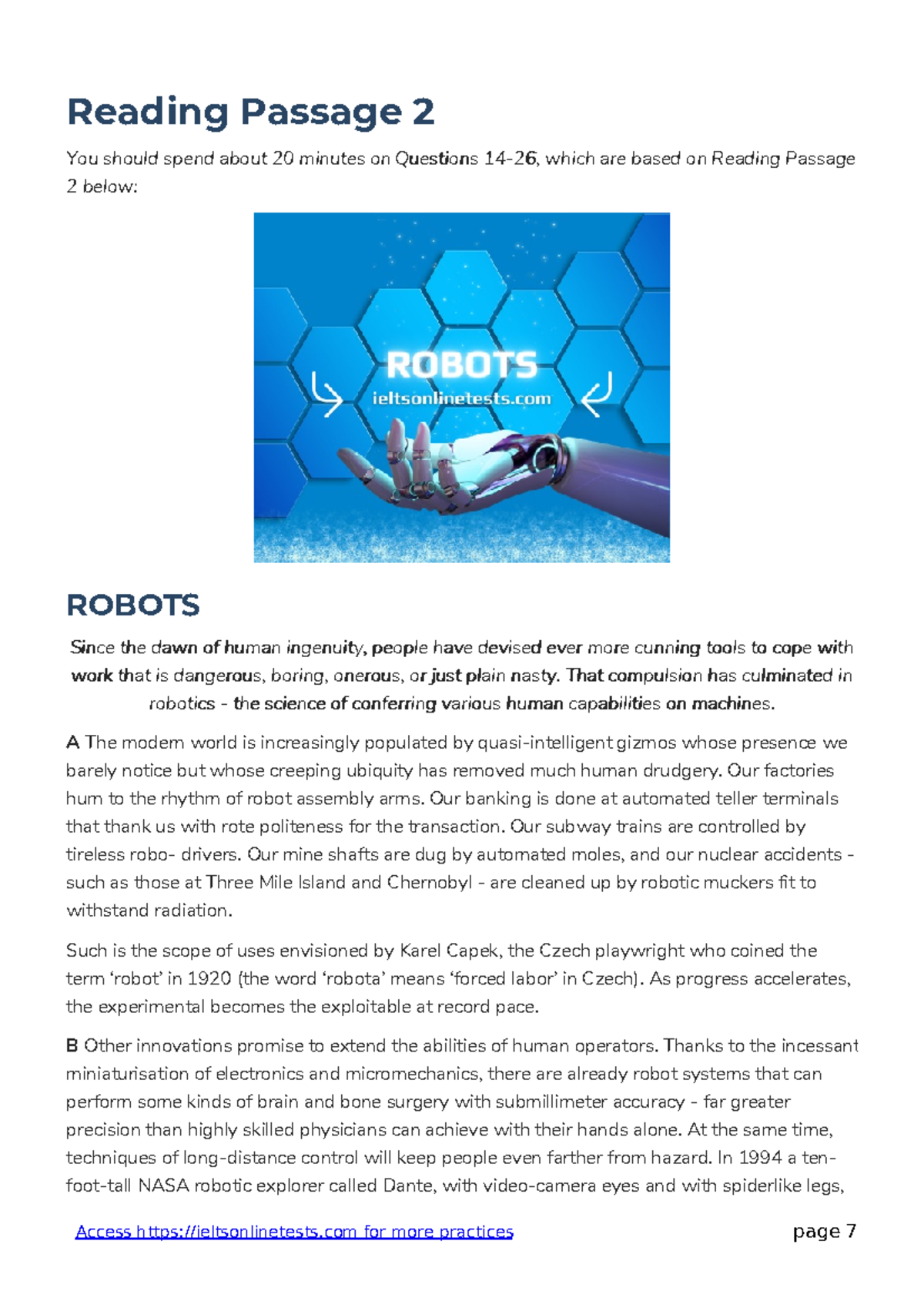 Robots - IELTS Reading Passage 2 Analysis and Questions - Studocu