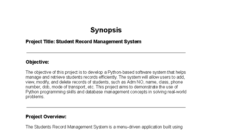 Student Record Management System Project Overview: Python & DB Concepts - Studocu