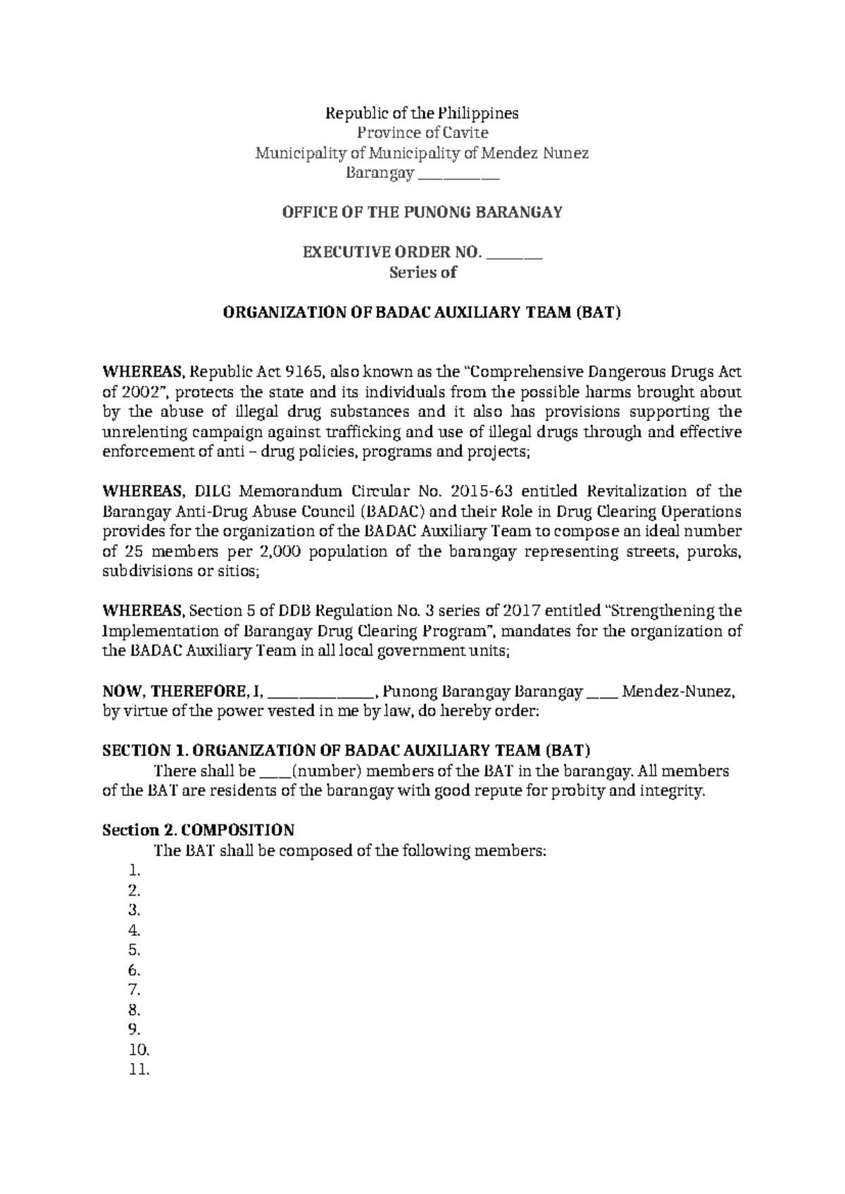 Executive Order No. [Year] - Organization of BADAC Auxiliary Team (BAT ...
