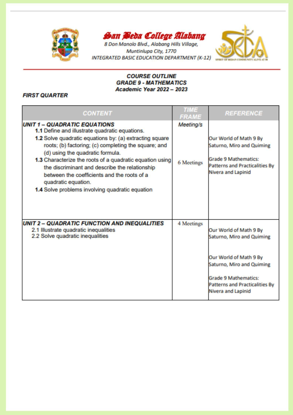 Grade 9 Math Course Outline: Quadratic Equations & Functions 5CA - Studocu