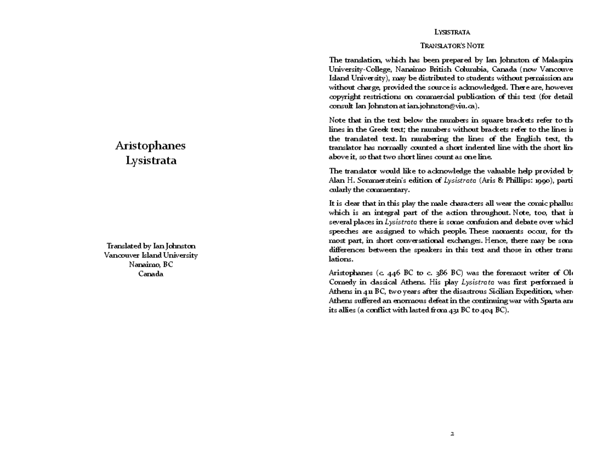 Aristophanes' Lysistrata: Comprehensive Study Notes - Studocu