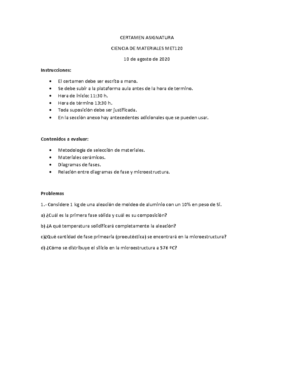 Certamen 3 MET120: Evaluación de Materiales y Diagramas de Fases - Studocu