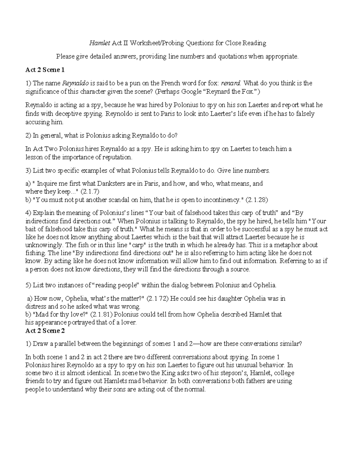 Hamlet Act 2 QUESTIONS - Hamlet Act II Worksheet/Probing Questions for ...
