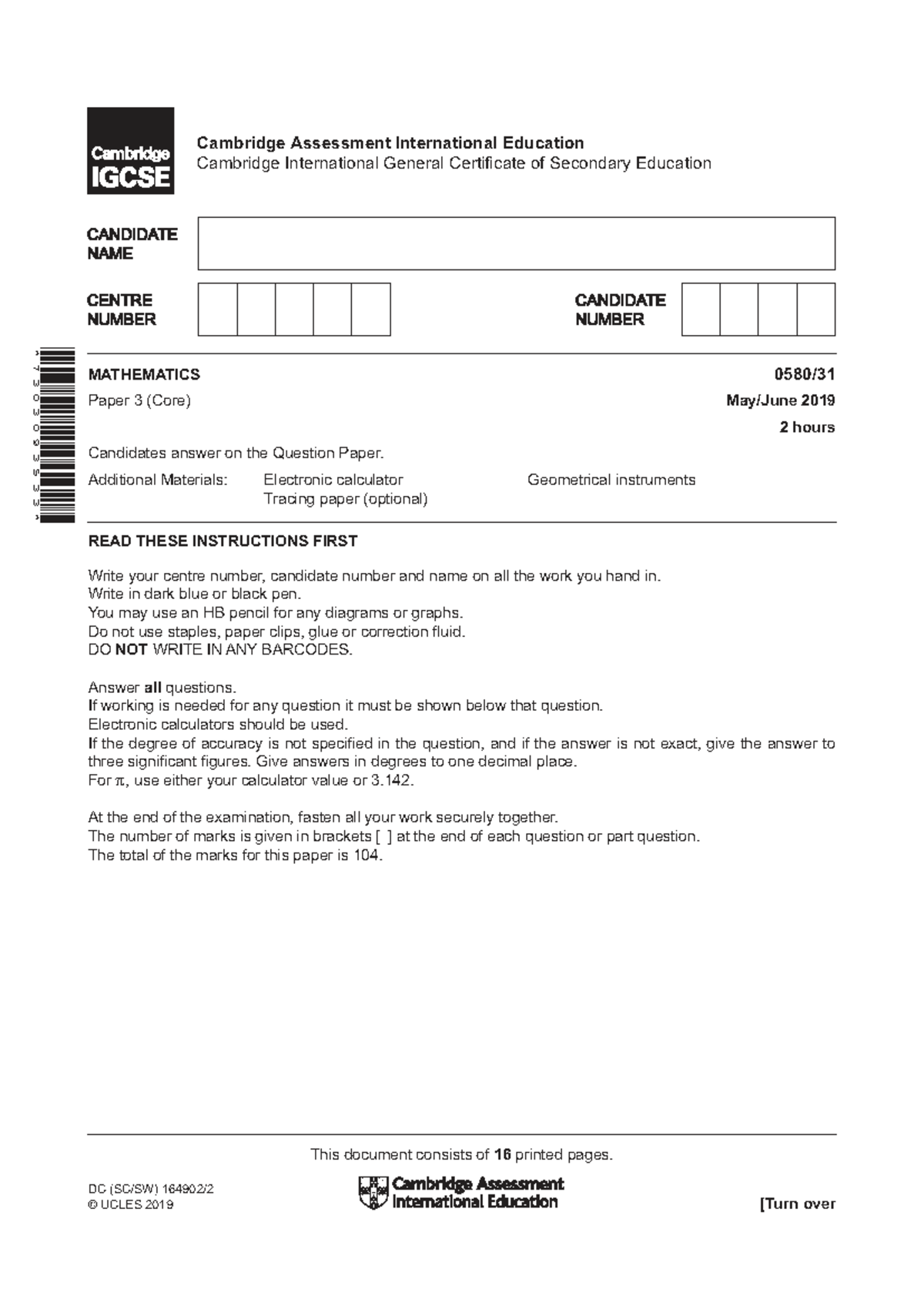 Cambridge IGCSE 0580 Mathematics Paper 3 (Core) 2019 Exam Notes - Studocu