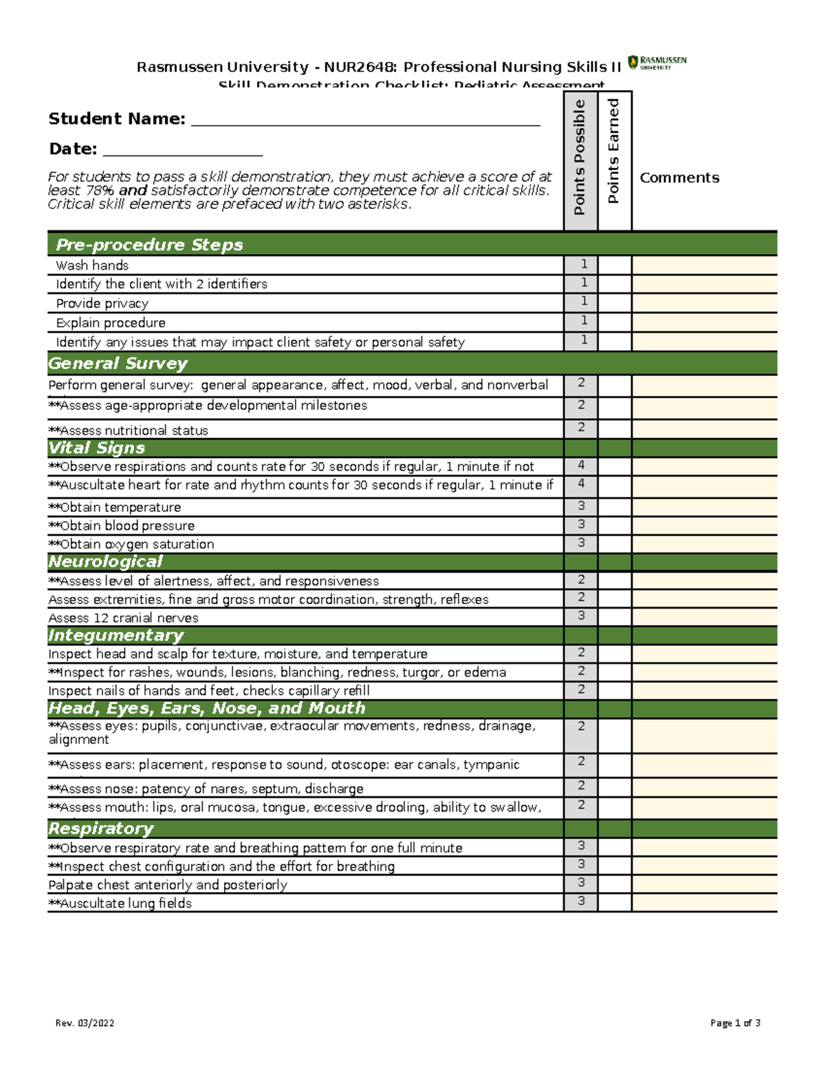 NUR2648 Skill Demonstration Checklist - Pediatric Assessmen - Student ...