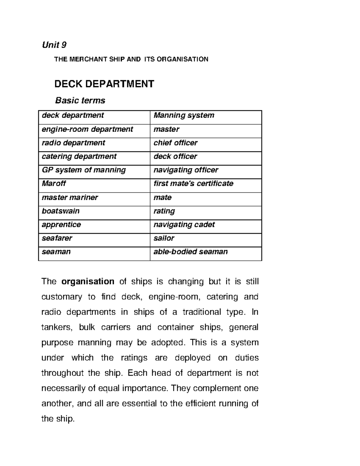 DECK 101 - Overview of the Deck Department and Its Roles - Studocu