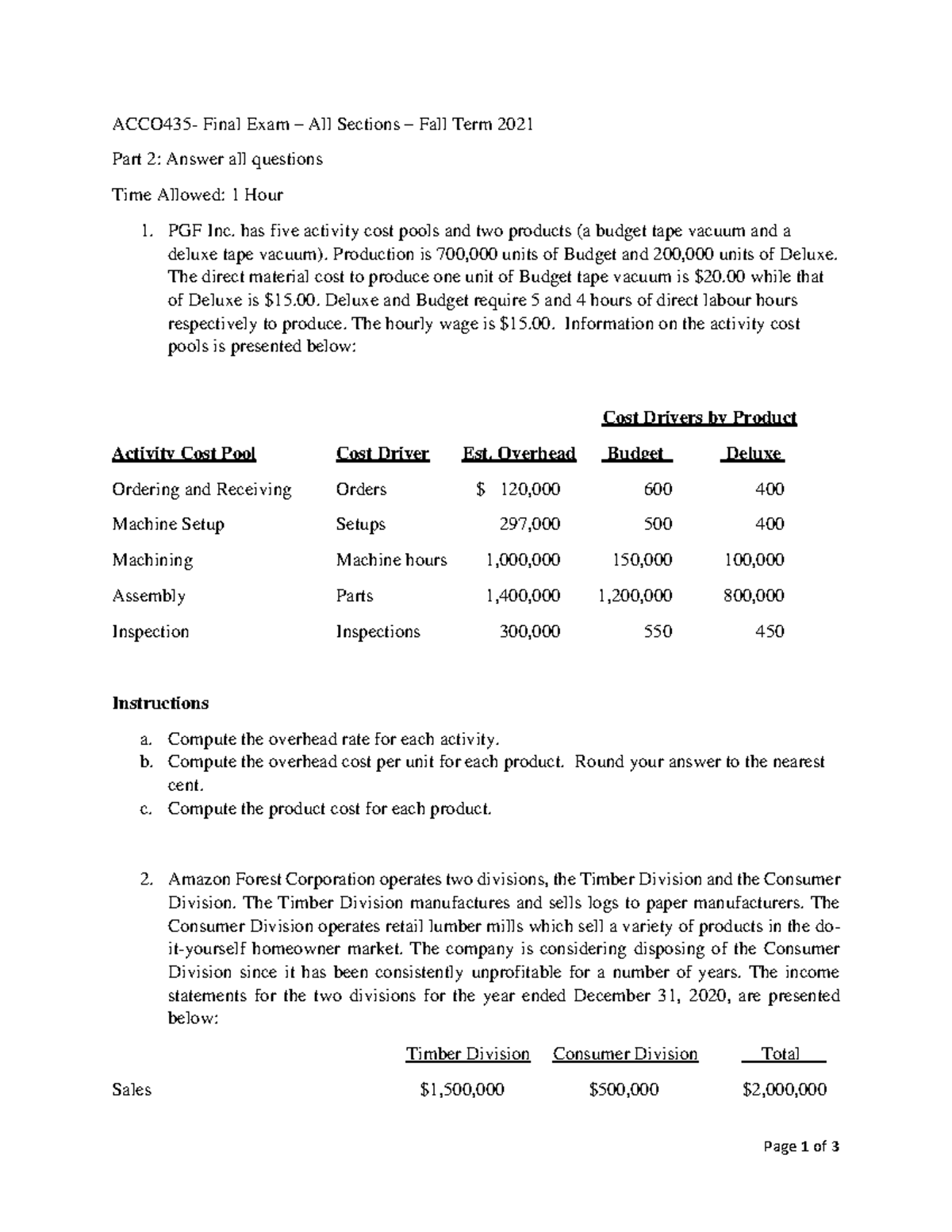 ACCO435 Final Exam Part II: Cost Analysis & Division Evaluation - Studocu