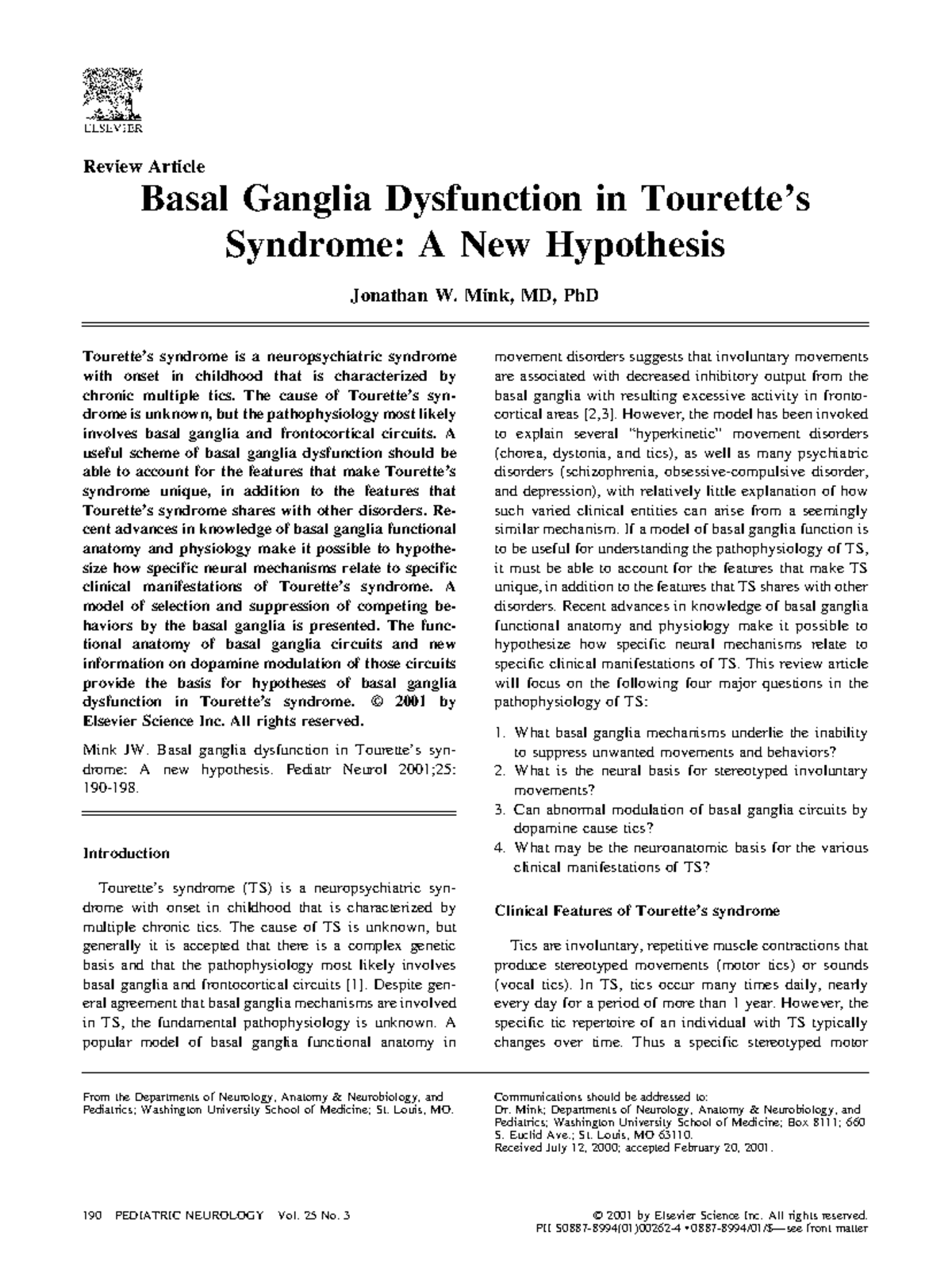 Mink2001 - Basal Ganglia Dysfunction in Tourette’s Syndrome - Studocu