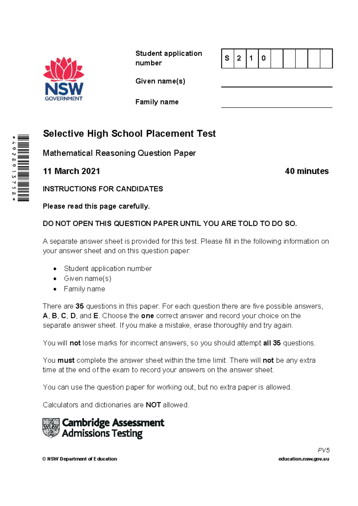 Selective High School Placement Maths Practice Test 2021 - Studocu