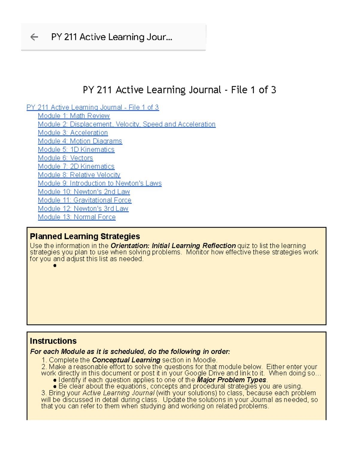 PY 211 Active Learning Journal for Midterm 1: Key Concepts & Strategies - Studocu