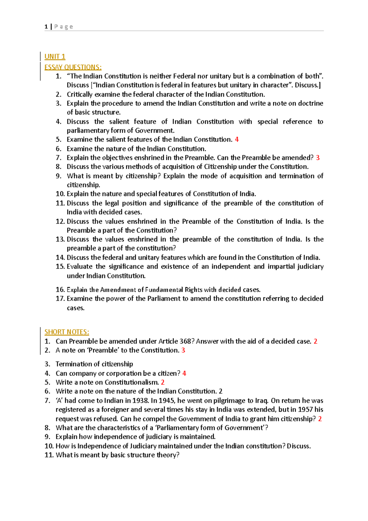 Unit-Wise Questions for Constitution Study (LAW 101) - Studocu