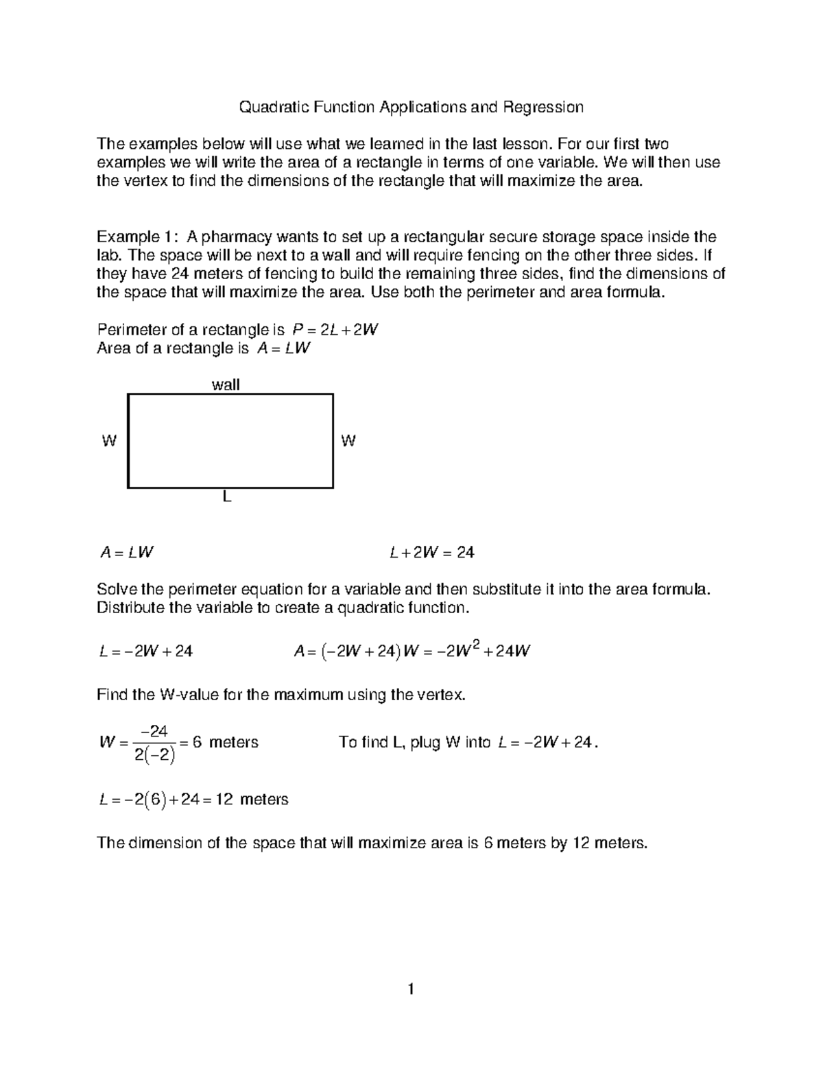 8W. Quadratic Functions: Applications & Regression Examples - Studocu