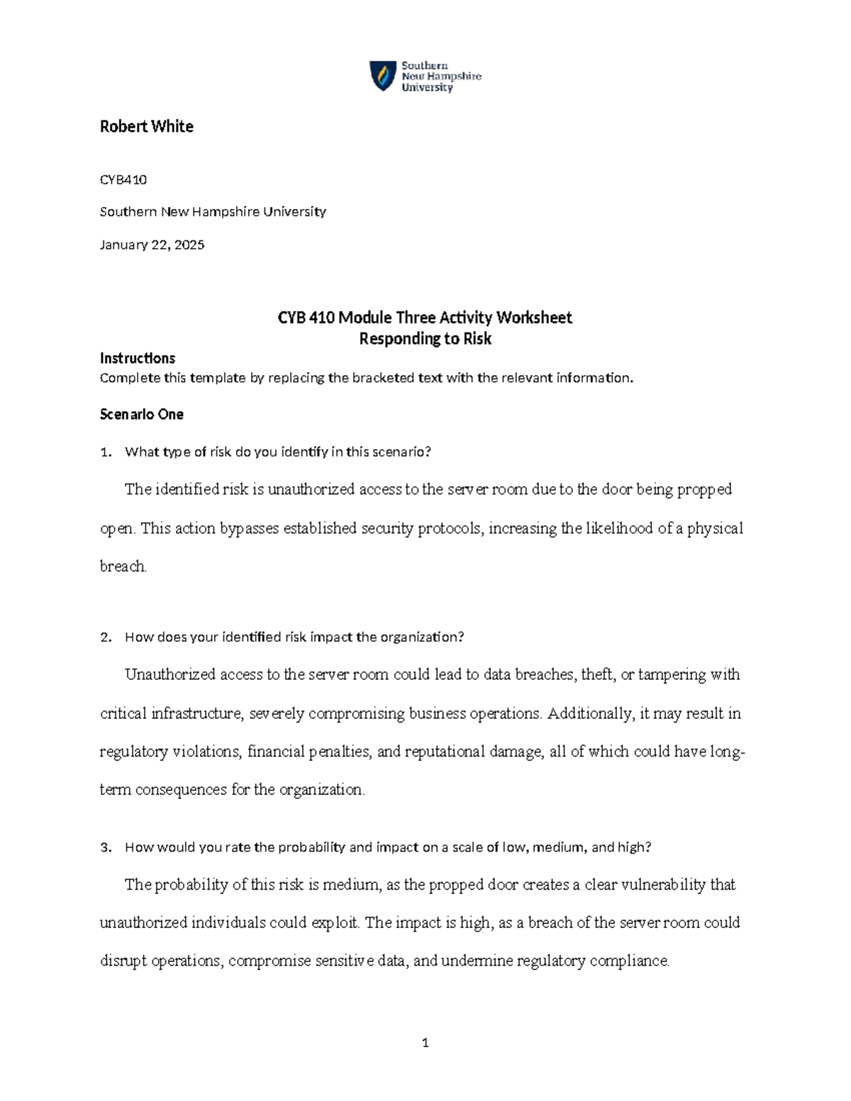 CYB 410 Module Three Activity Worksheet - Robert White CYB Southern New ...