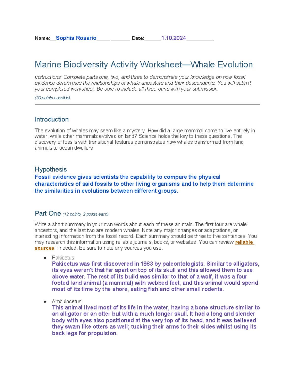 04.01 Marine Biodiversity Activity: Whale Evolution Worksheet - Studocu