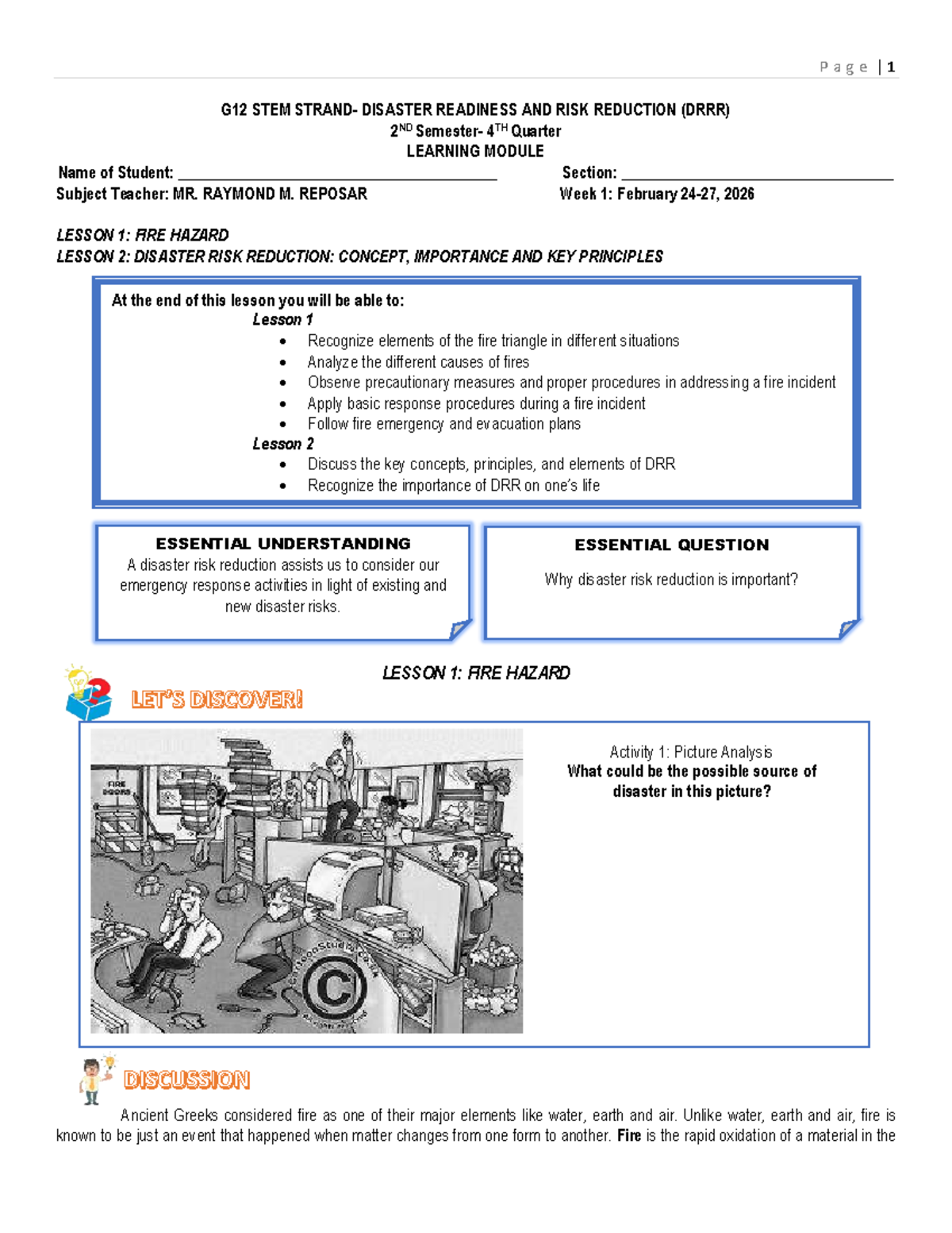 W1 DRRR G12: Fire Hazard & Disaster Risk Reduction Lessons - Studocu