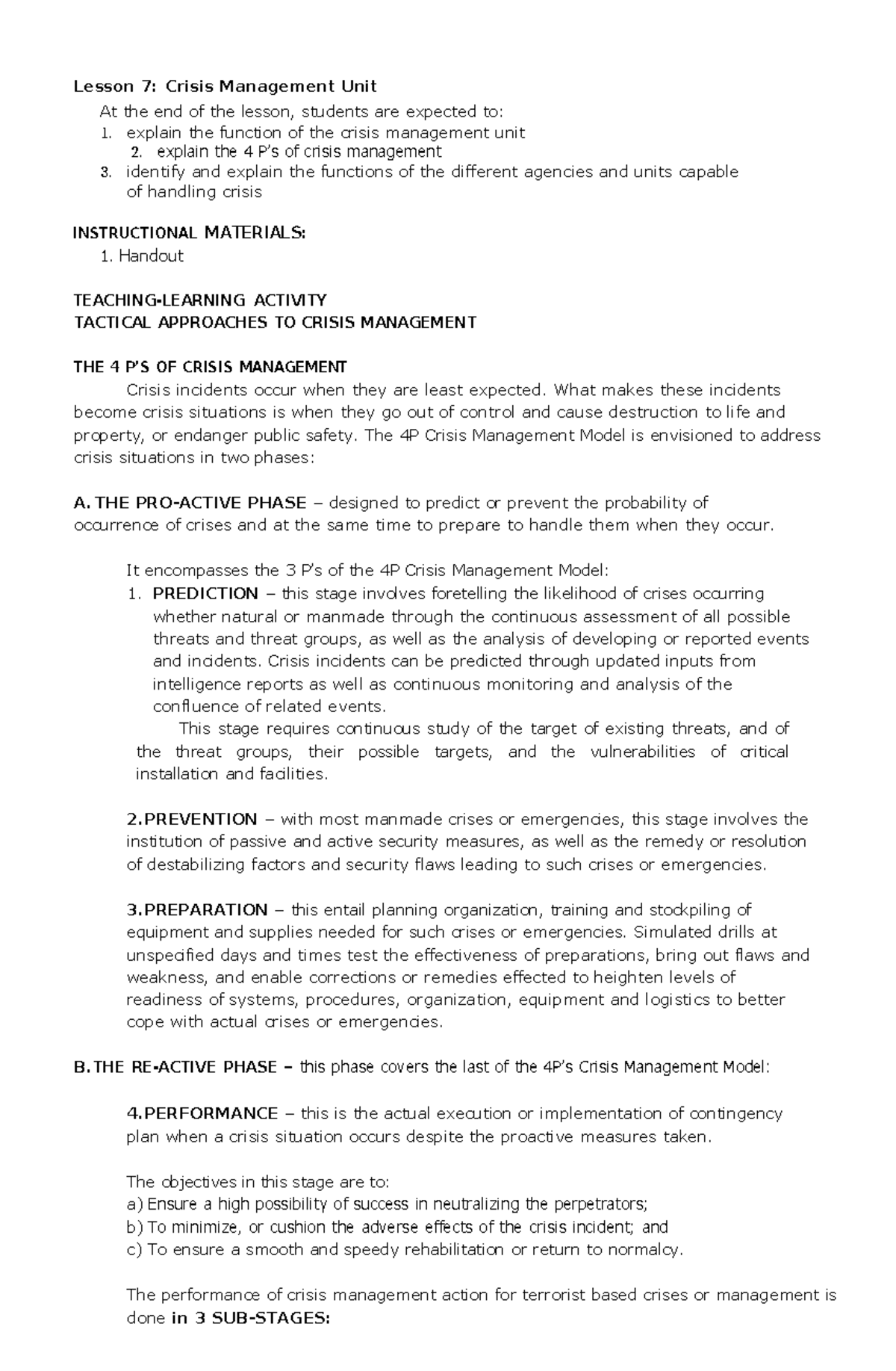 C5: Lesson 7 - Crisis Management and the 4P Model Explained - Studocu