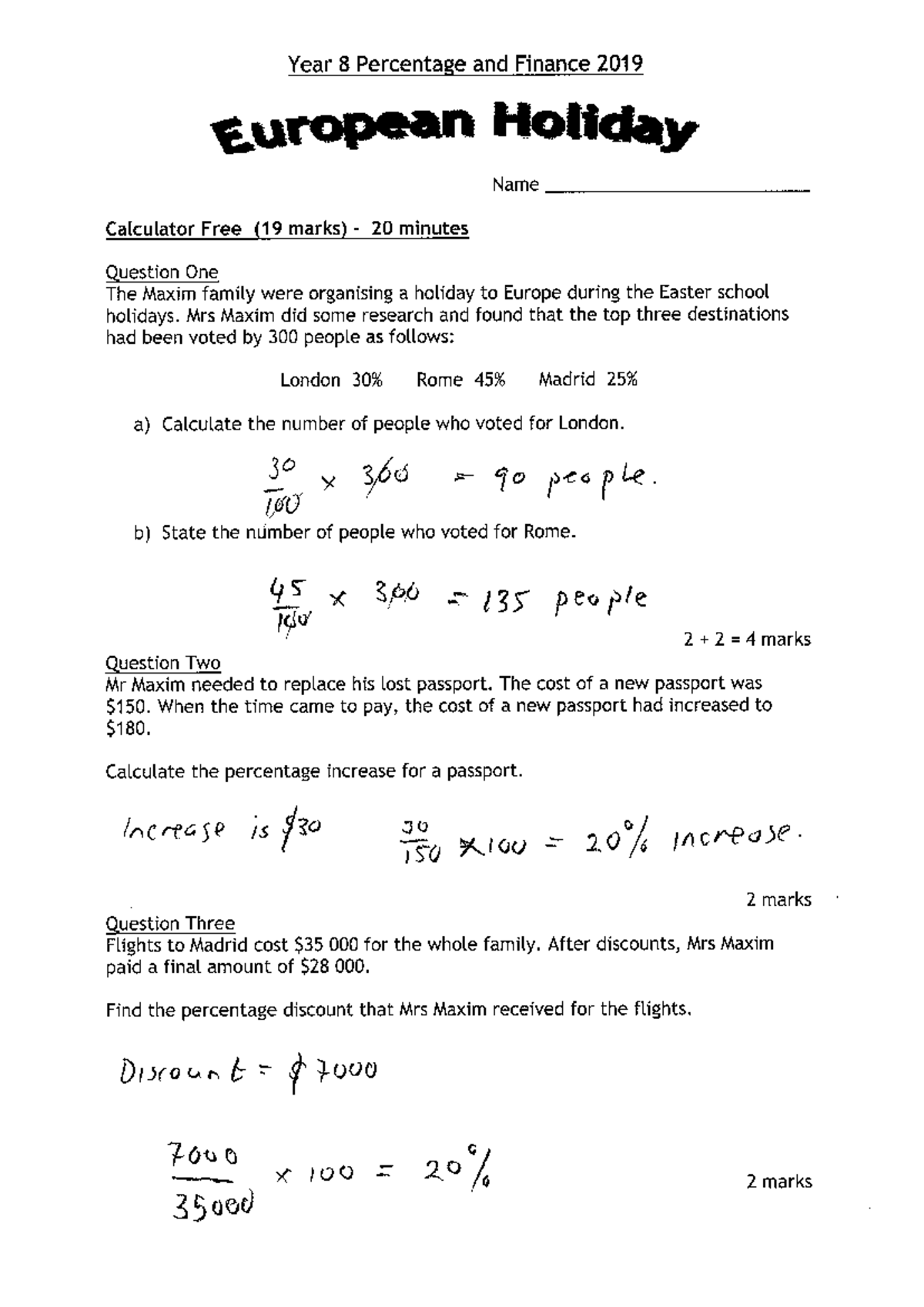 Year 8 Percentage & Finance 2019: Calculator Free Solutions - Studocu