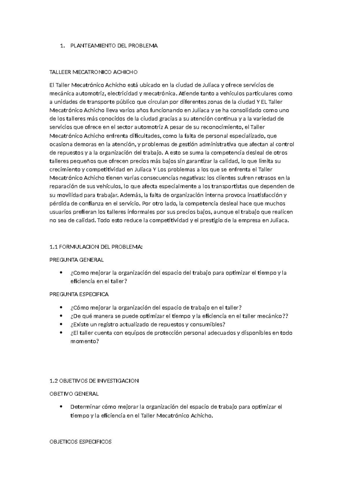 Planteamiento del Problema: Taller Mecatrónico Achicho - Studocu