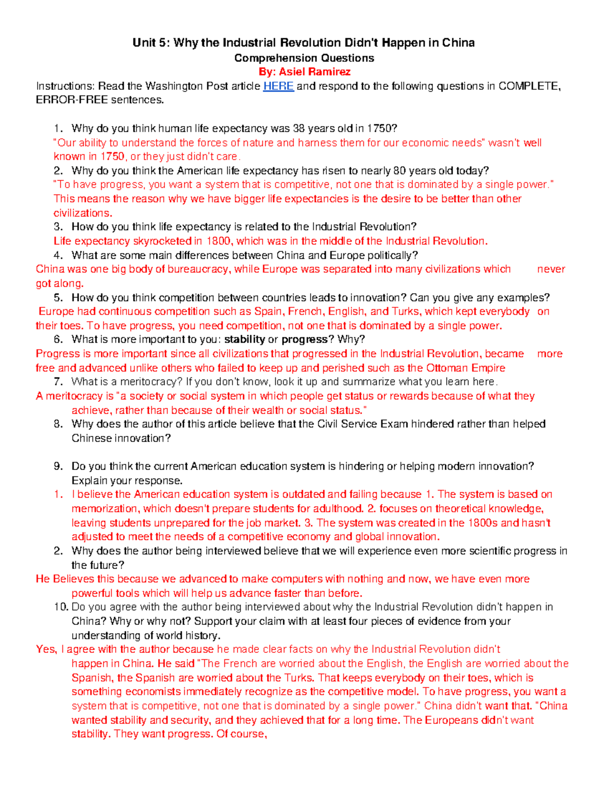 Unit 5 - Why the Industrial Revolution Didn't Happen in China (Student ...