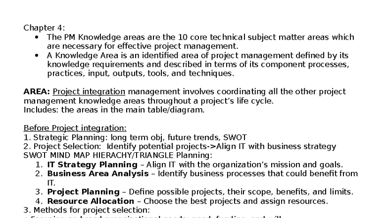 Chapter 4: Project Management Knowledge Areas Overview - Studocu