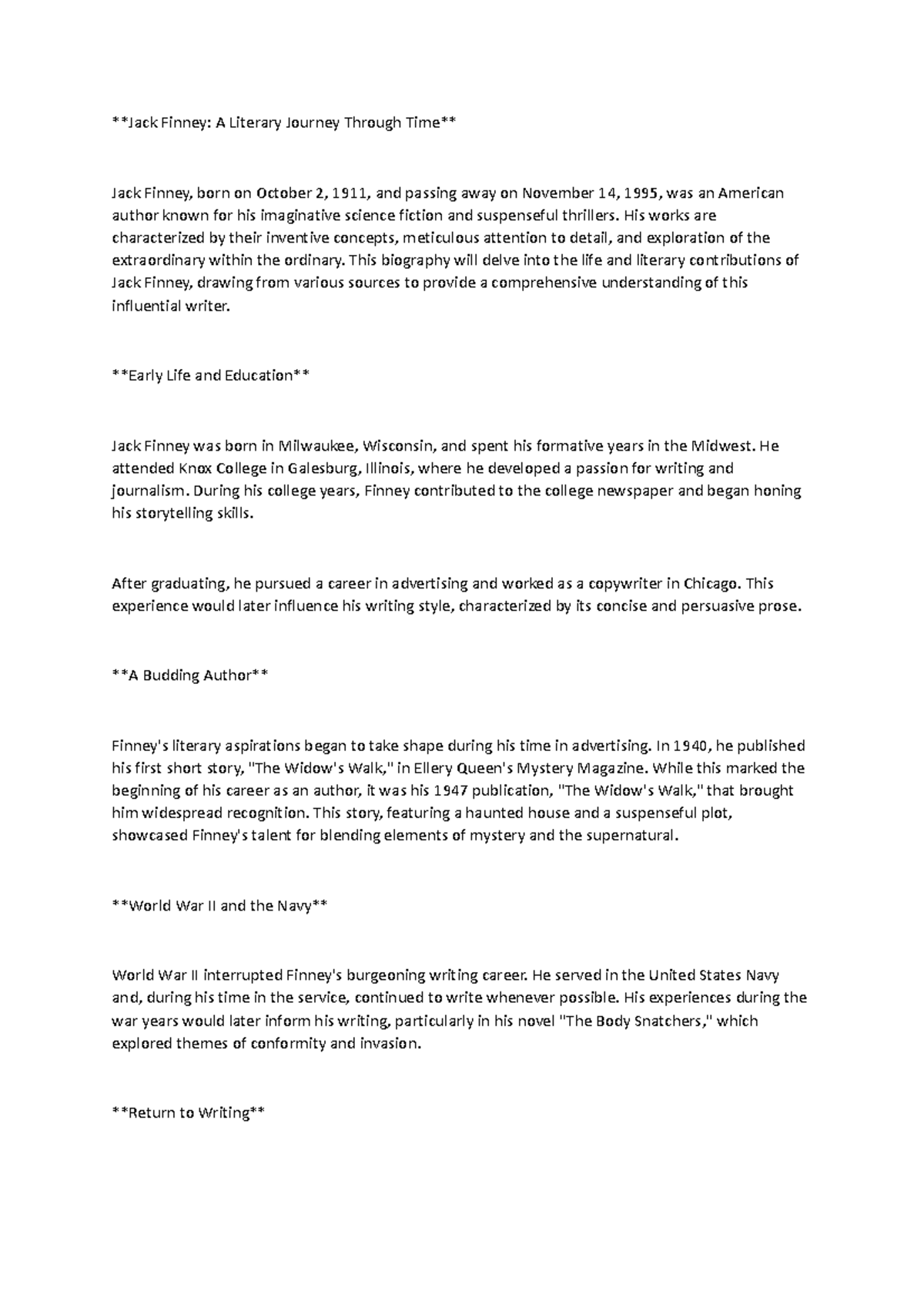 Jack Finney Biography: An English Project Overview - Studocu
