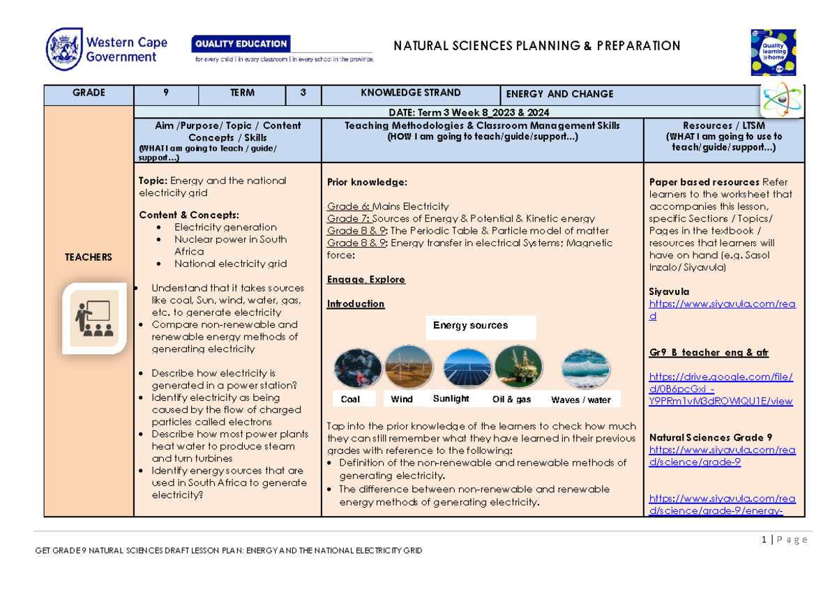 GET SP Gr. 9 Natural Sciences Term 3 Week 8 Lesson Plan: Energy ...
