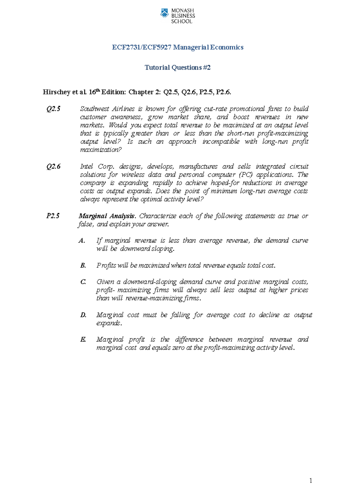 ECF2731/ECF5927 Managerial Economics: Tutorial Questions #2 on ...