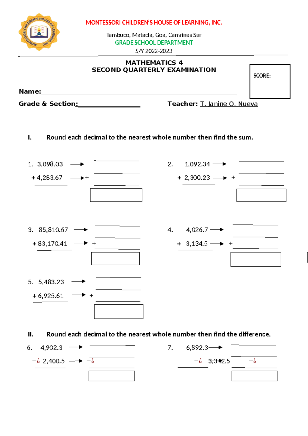 MATH 4: 2nd Quarter Exam Review - Rounding Decimals and Sums - Studocu